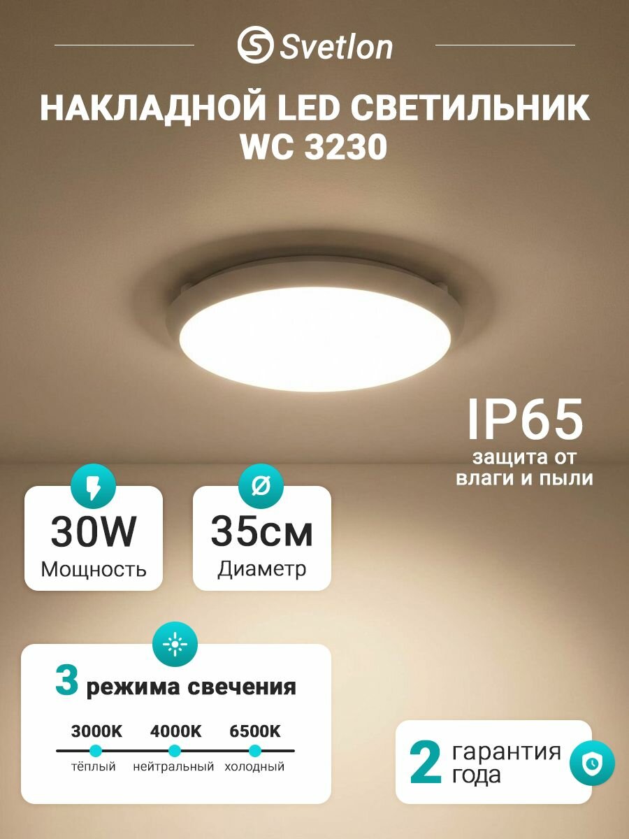 Накладной светодиодный светильник 30W IP65 белый D35см