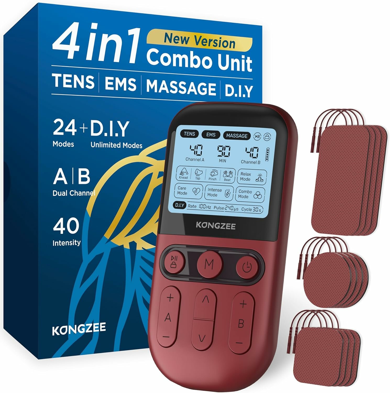 Kongzee Импульсный массажер для снятия боли 4 in 1 - D.I.Y & Tens Unit & EMS & Massage Muscle Stimulator, красный