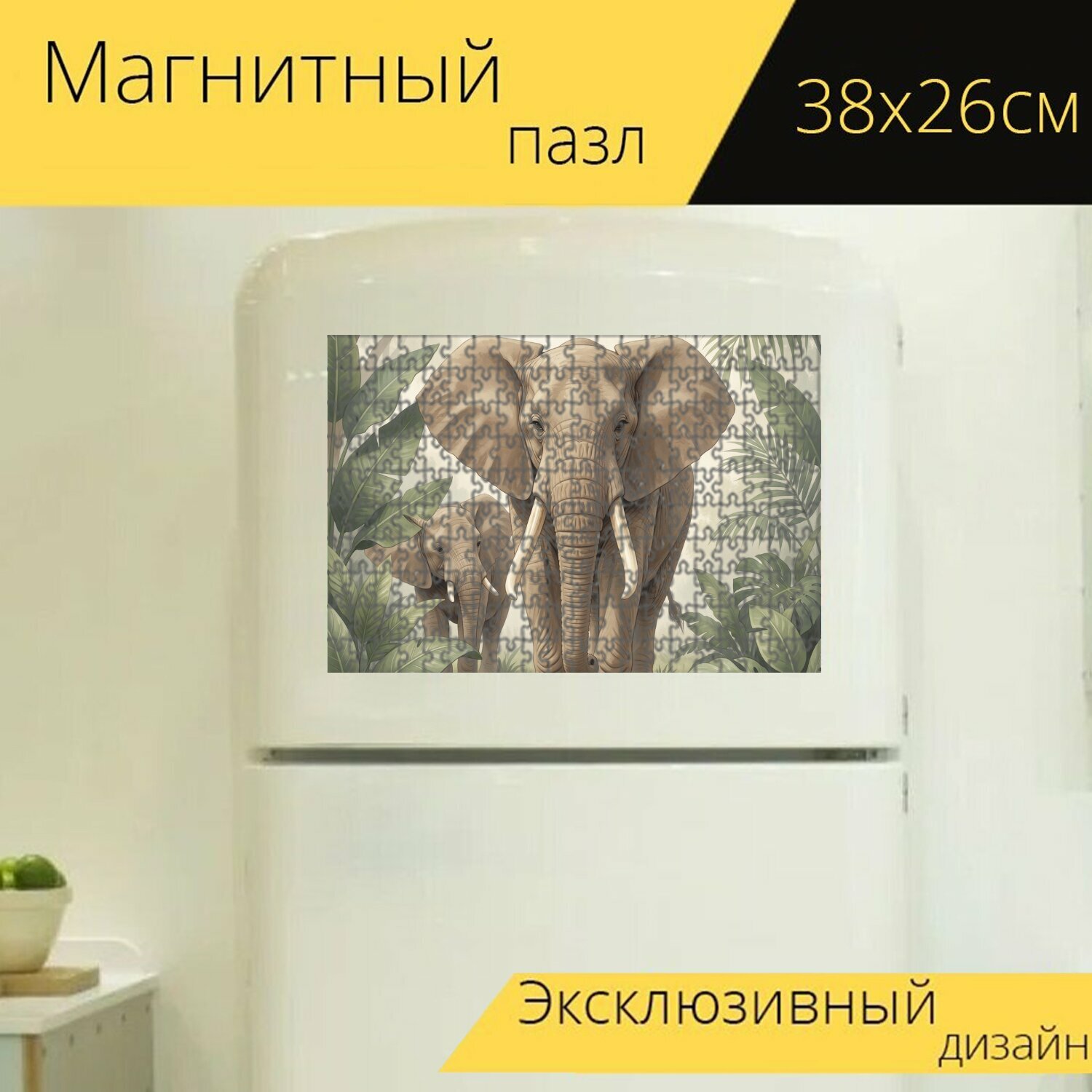 Магнитный пазл "Слоны в тропических джунглях. Реалистичная сцена с двумя африканскими гигантами среди густой листвы, пальм и монстер. Нежные песочно-зеленые." для интерьера, 38х26 см.