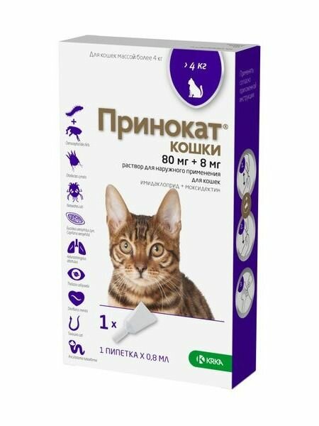 Принокат для кошек весом более 4 кг, капли на холку от гельминтов, блох, вшей, власоедов, ушного и чесоточных клещей, 80 мг, 1 пипетка