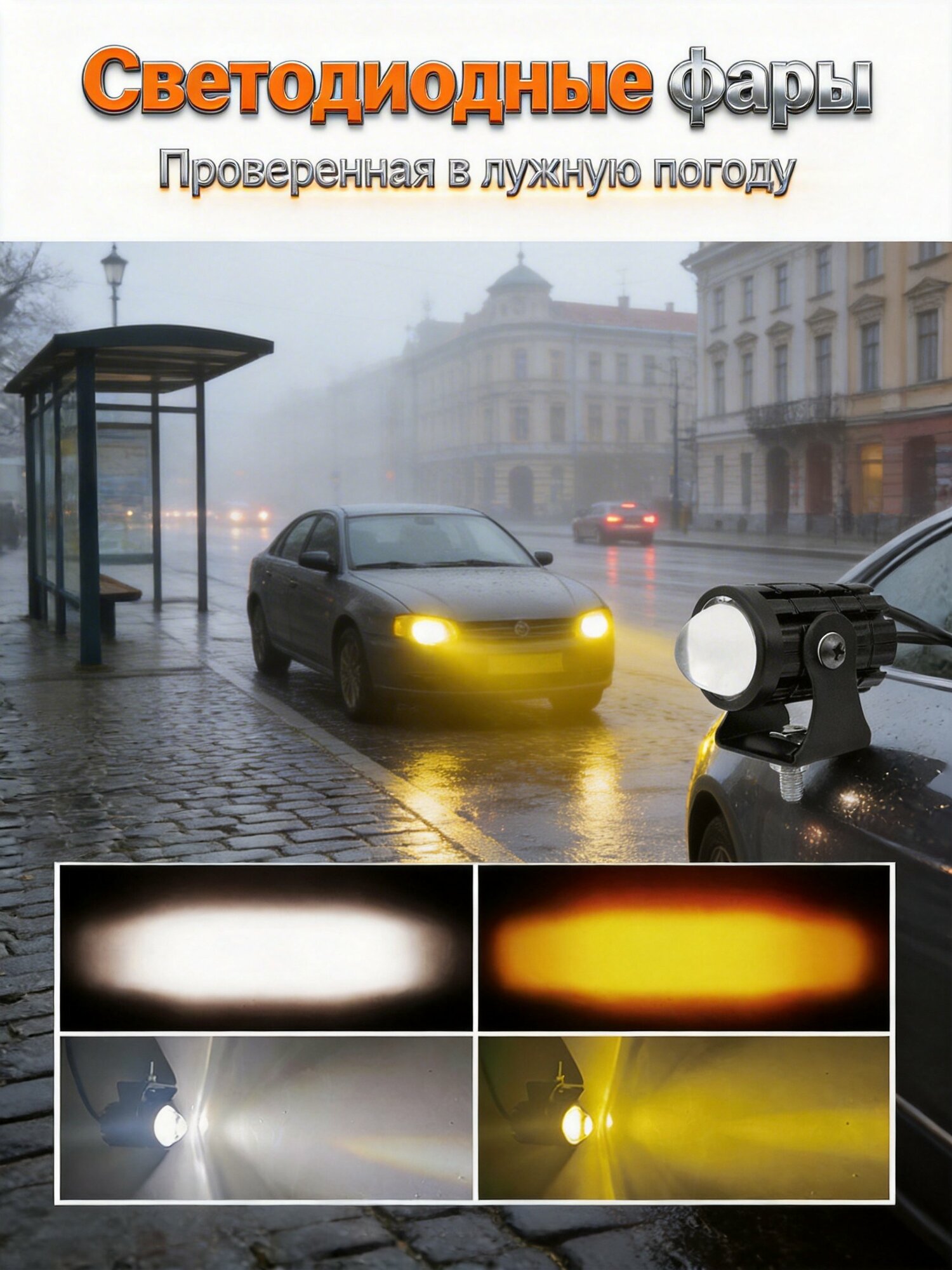 Светодиодные фары 10W 12-80В, белый и желтый свет, алюминиевый корпус водонепроницаемые с высокой яркостью и сейсмической устойчивостью компактные 6x3,1x3,9 см