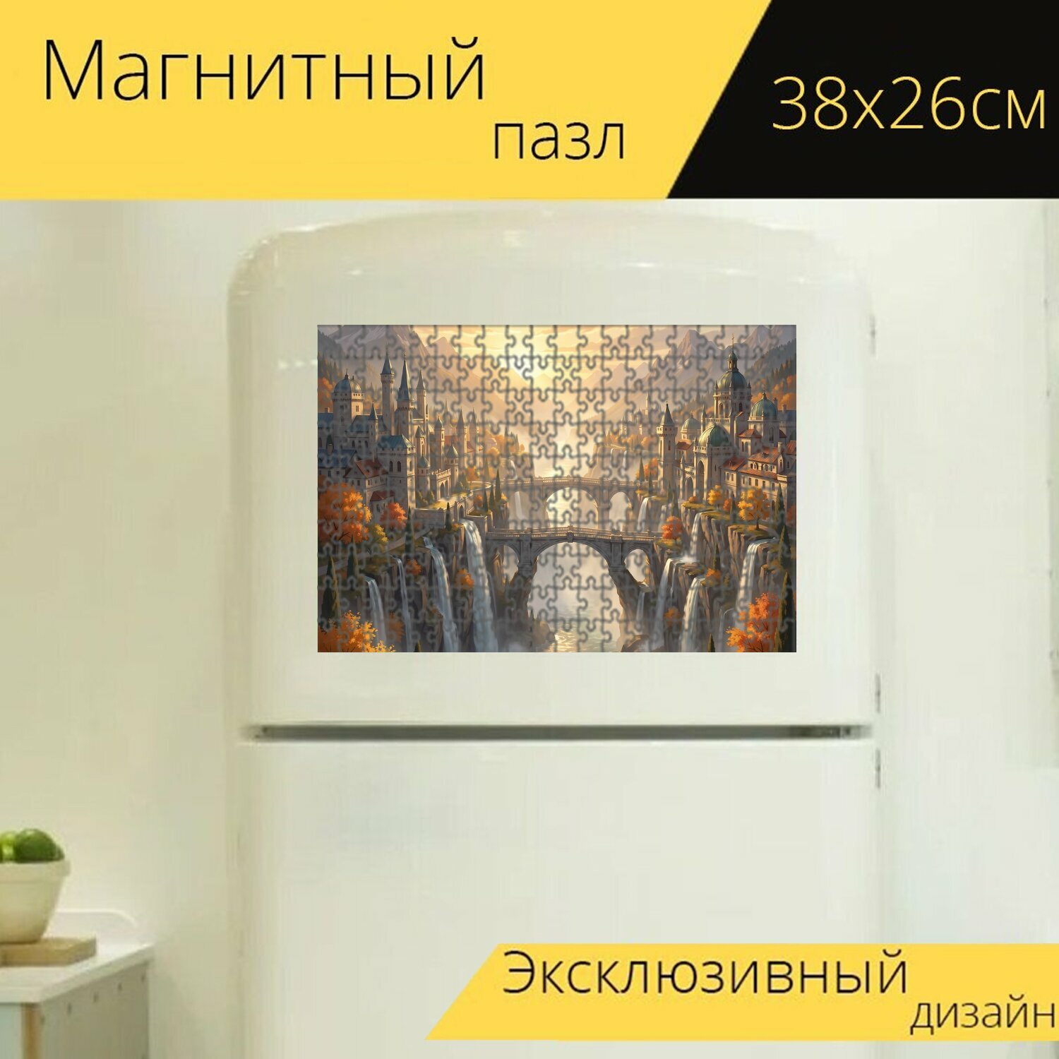 Магнитный пазл "Сказочный город в горах. Фэнтезийная долина с дворцами, башнями и арочными мостами над каньоном, каскадные водопады, осенние деревья." для интерьера, 38х26 см.