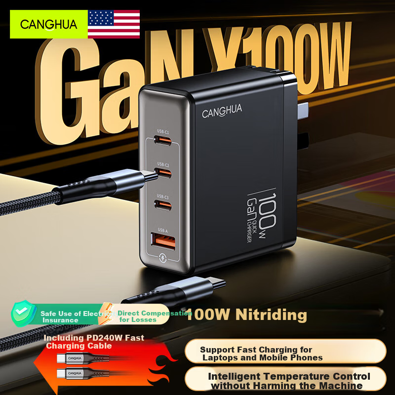 CangHua 100W GaN Многофункциональная зарядка с 4 портами для iPhone 15/16/17, Huawei, Xiaomi, Honor, Lenovo