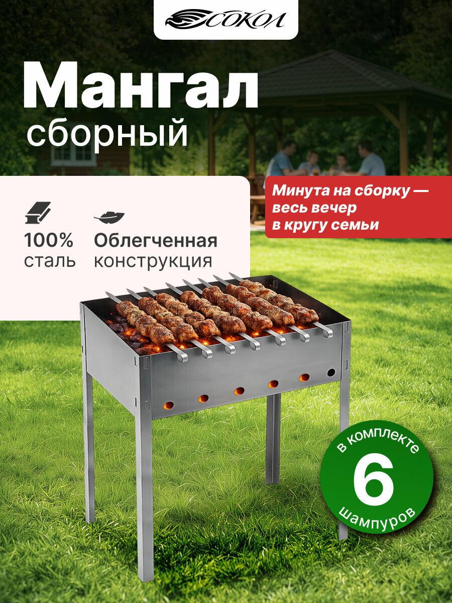 Мангал сборный походный 350х250х350мм, с 6 шампурами, в пленке сокол