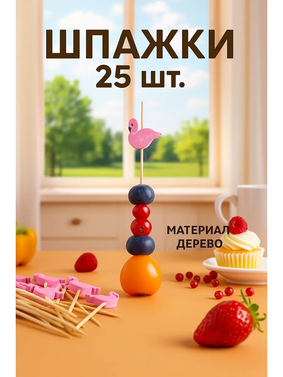 Шпажки для канапе деревянные набор 25 шт "Розовый фламинго" 12 см
