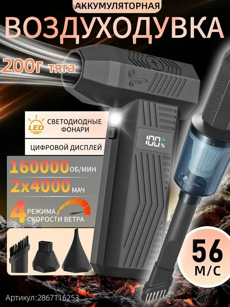 Воздуходувка аккумуляторная мощная 2 в 1/ ветродуйка с функцией пылесоса/ турбовентилятор/ воздуходувка для компьютера160000 об/мин, 8000 мАч.