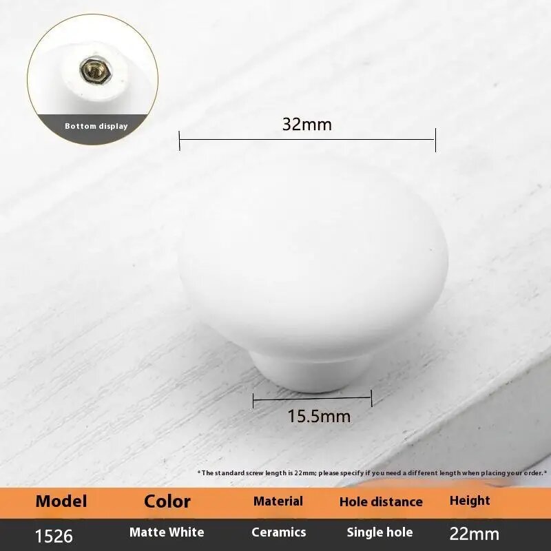 Керамическая ручка для шкафа, Matte White, Model: 1526