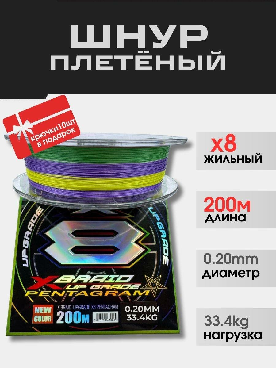 Плетеный шнур для рыбалки 8 жильный 200 м, 0.20 мм, 33.4 кг, разноцветный