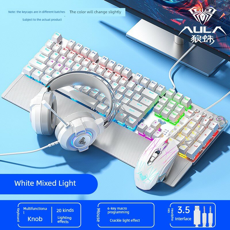 Механическая клавиатура с переключателем Cherry MX Red, мышь и наушники (108 клавиш, белый, проводная) с подставкой и