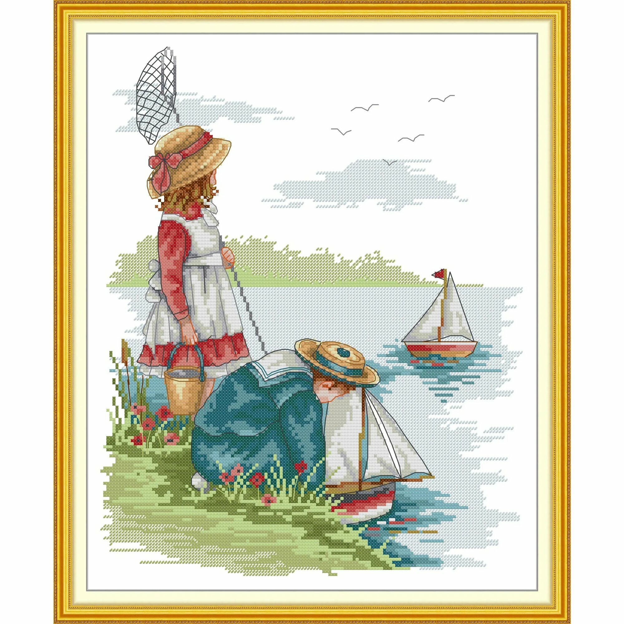 Набор для вышивки крестом "Девушка за озером", 14ct print canvas