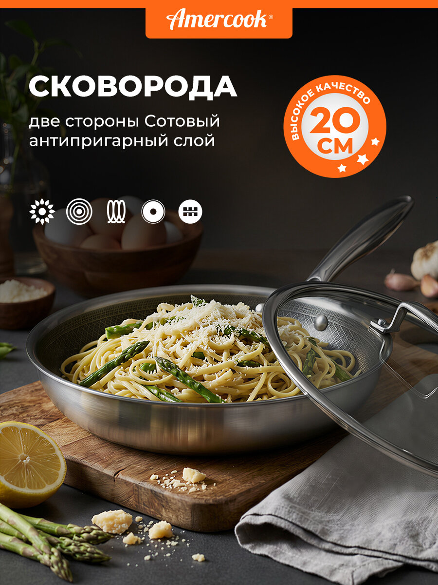 Сковорода AMERCOOK 20 см с крышкой, из нержавеющей стали, антипригарное покрытие из сот, зеркальная полировка, откручиваемая ручка
