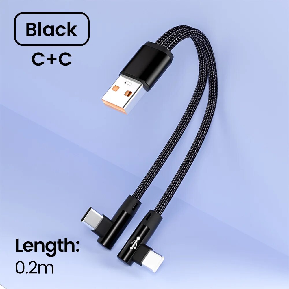 Кабель USB A — двойной тип C, 66 Вт, короткий кабель для быстрой зарядки, 0,2 Черный, 0.2M Black CC