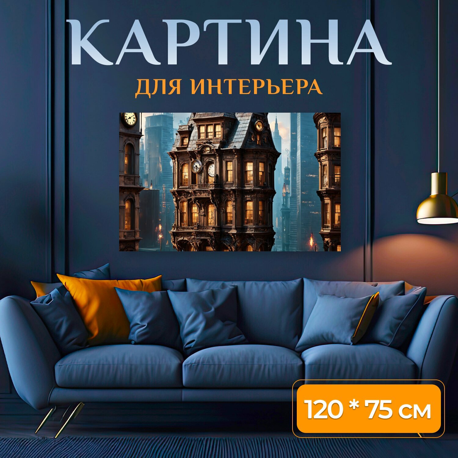 Картина на холсте "Город в стиле стимпанк, дизайнерские дома с необычными архитектурными элементами и часами" на подрамнике 120х75 см. для интерьера