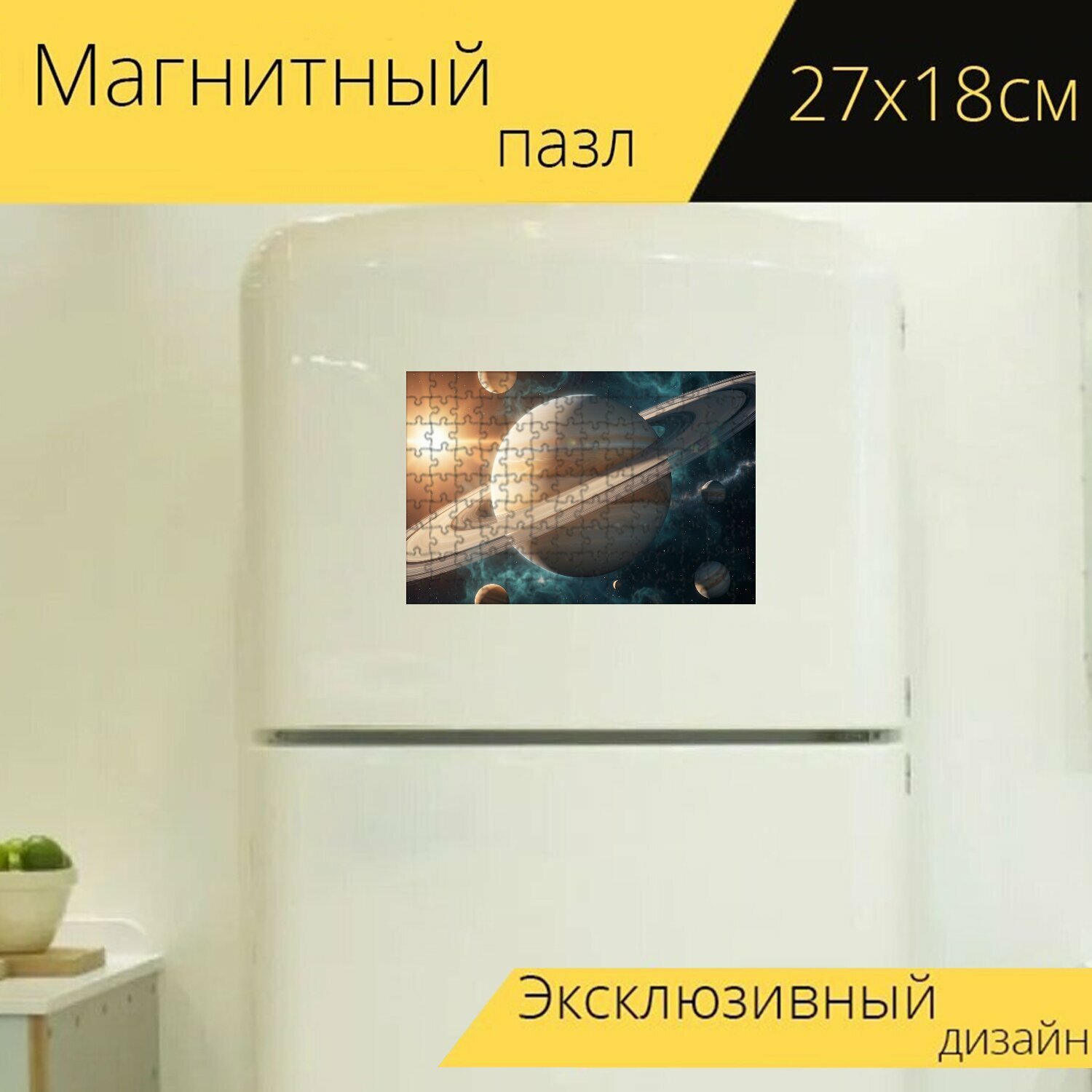 Магнитный пазл "Космос с кольцевой планетой. Фантастическая сцена солнечной системы: гигантский газовый шар с широкими кольцами, спутники, звезды и." на холодильник 27 x 18 см.