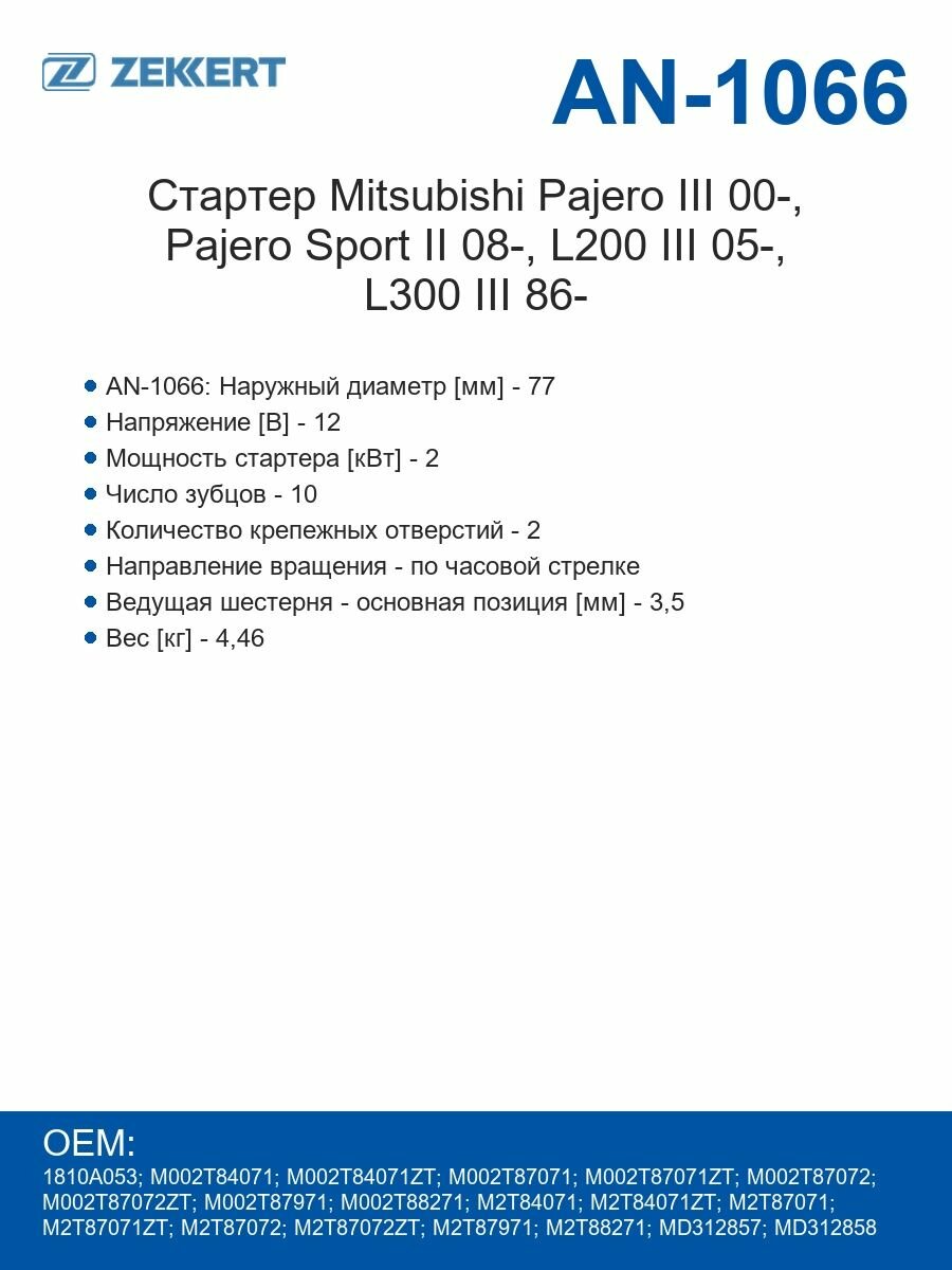 Zekkert Стартер Mitsubishi Pajero III 00-, Pajero Sport II 08-, L200 III 05-, L300 III 86-