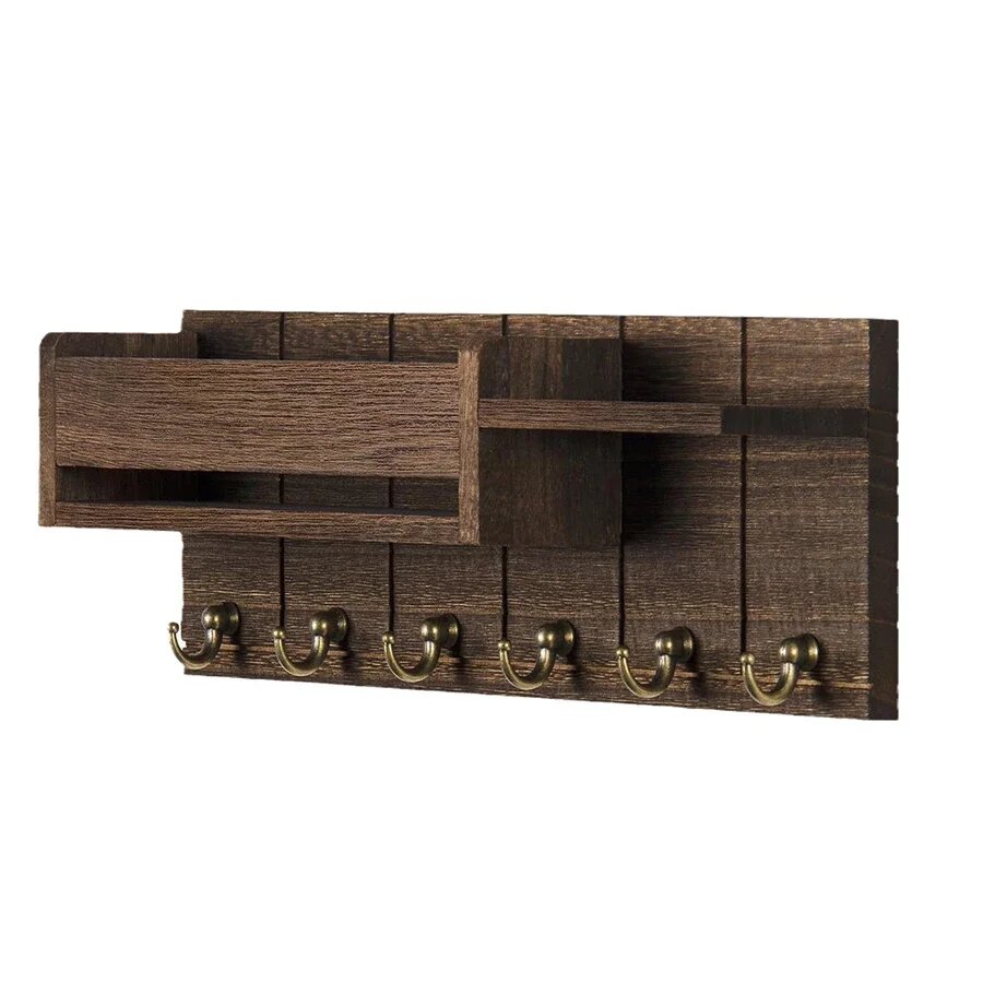 Деревянная вешалка для ключей с полкой и 6 крючками, Brown