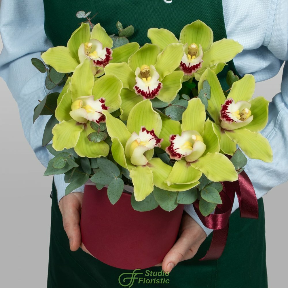 Композиция STUDIO FLORISTIC «Зеленый шелк», орхидеи, шляпная коробка