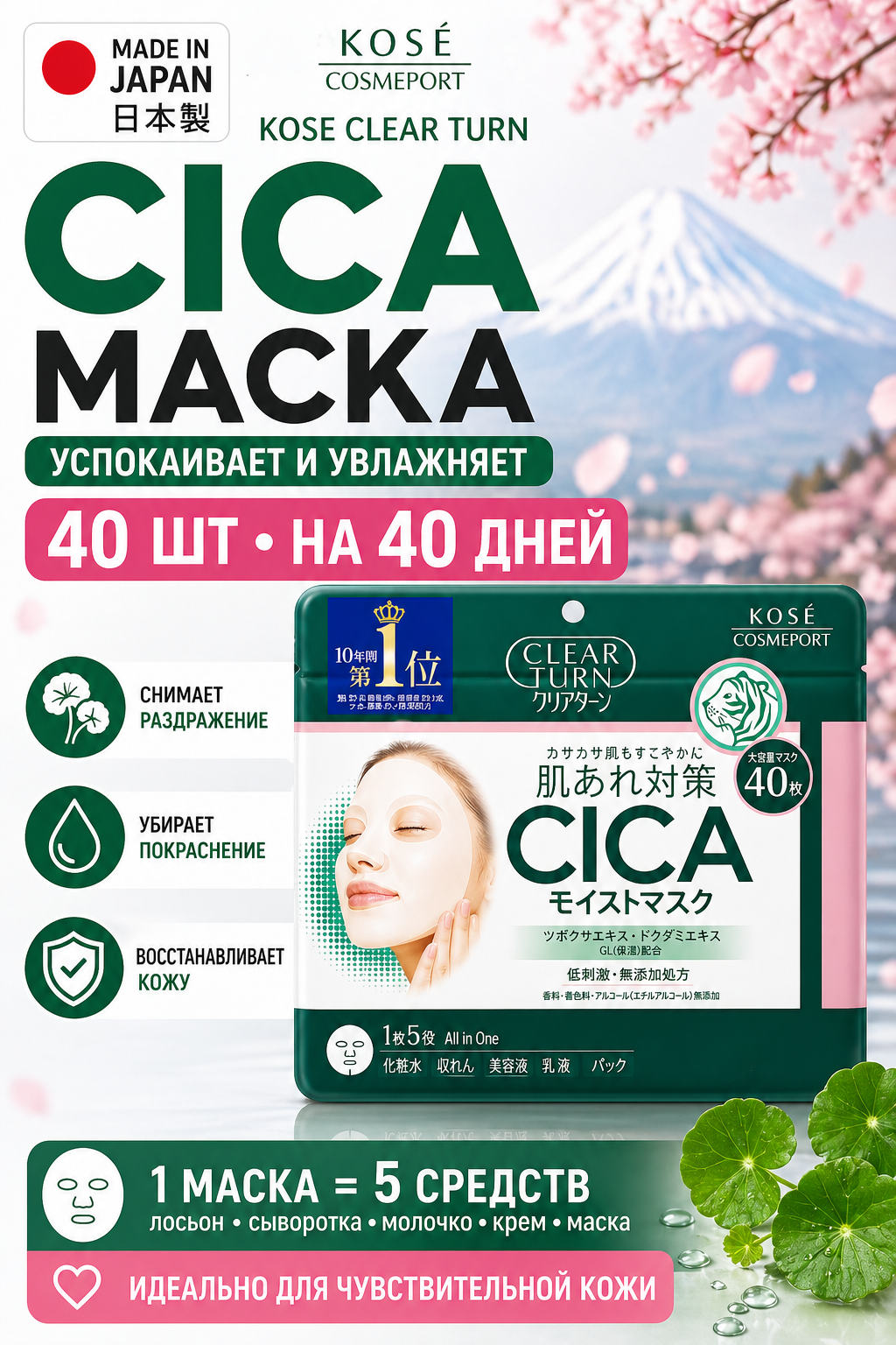 Маска для лица тканевая Clear Turn для поврежденной кожи лица 40шт