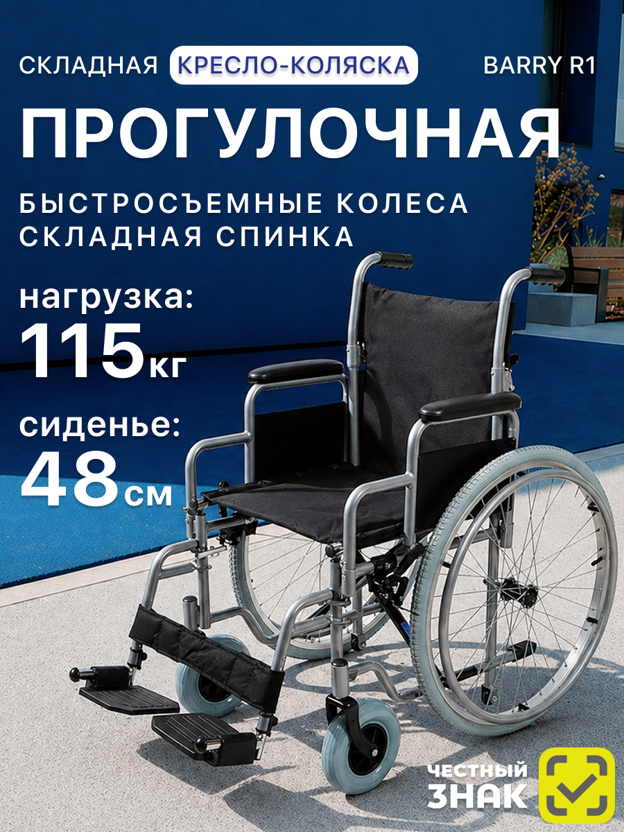 Кресло-коляска для инвалидов Barry R1 с быстросъемными колесами ширина сиденья 48 см