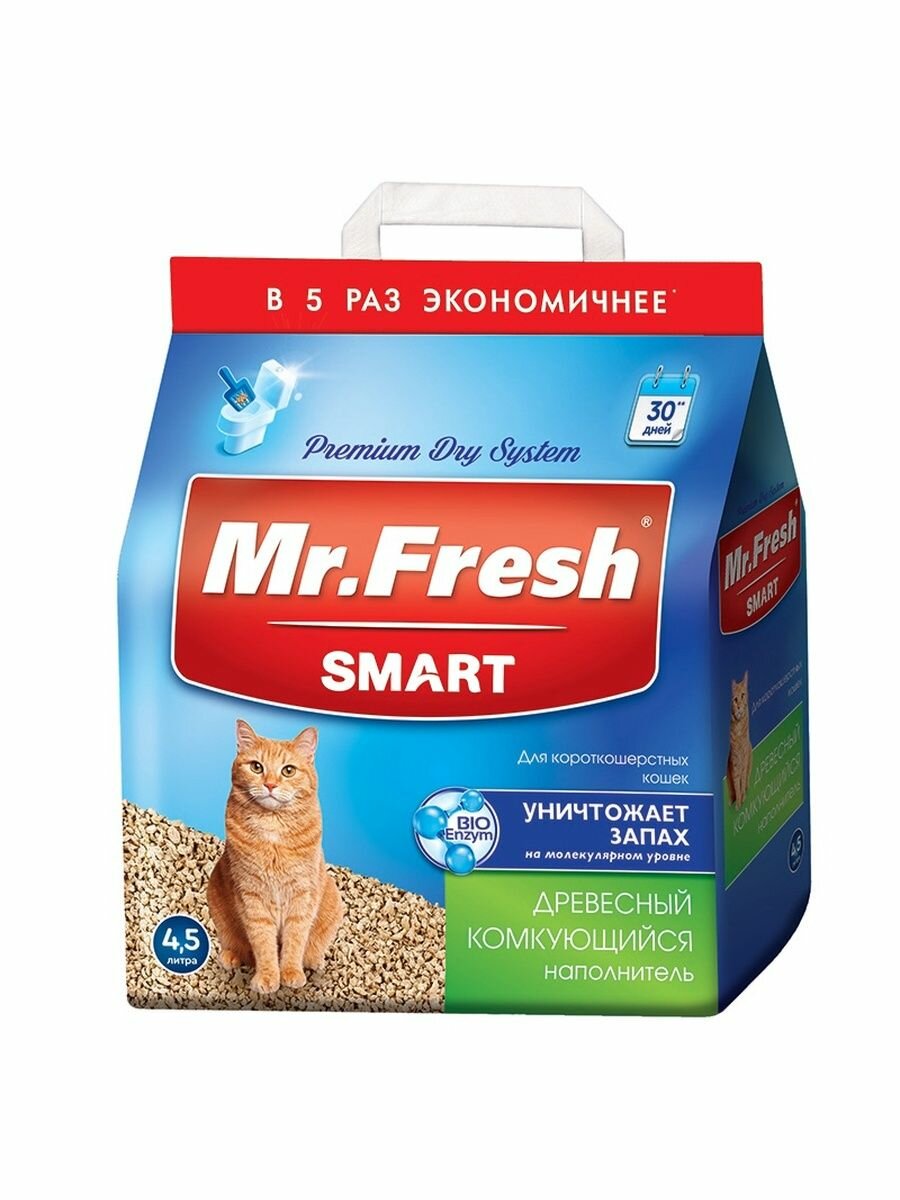 Mr. Fresh Наполнитель комкующийся древесный для короткошерстных кошек 2,1кг (4,5л)