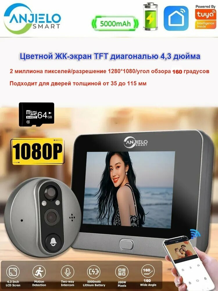 4,3-дюймовая камера для видеодомофона с разрешением 1080p Wifi с функцией "глазок", граффити для дома, интеллектуальная жизнь и обнаружение движения / двусторонний домофон
