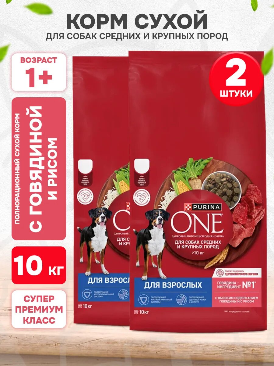 Корм сухой Purina One для взрослых собак средних и крупных пород, говядина и рис, 10 кг x 2 шт