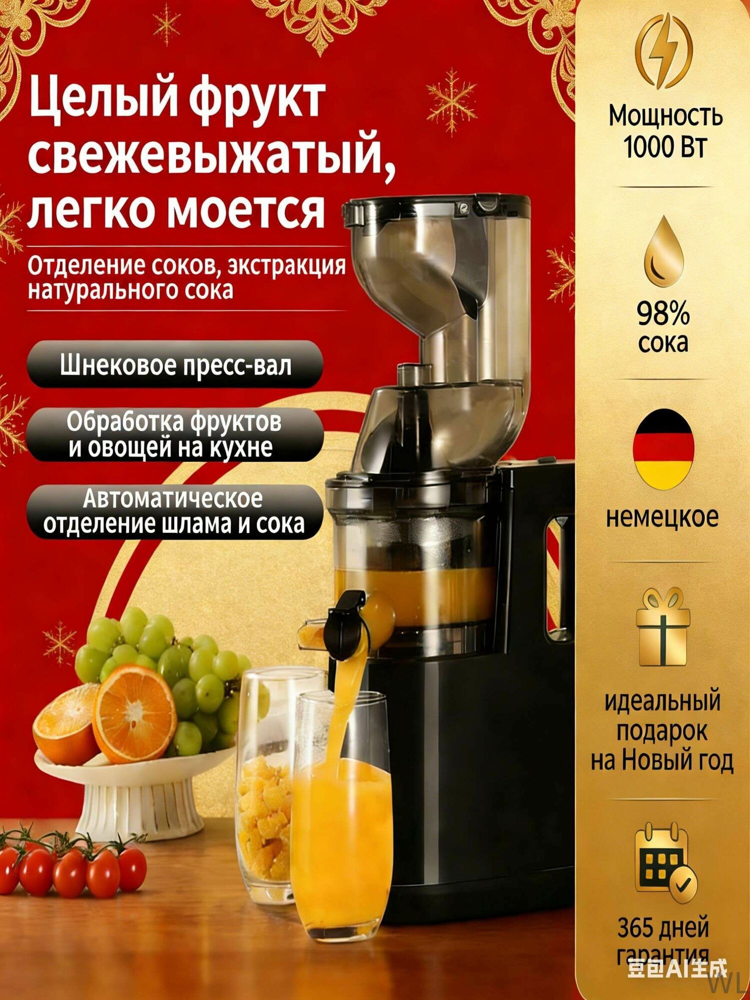 Соковыжималка электрическая шнековая PNLEP3, черный матовый