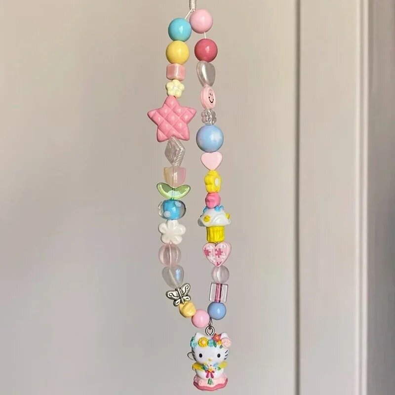 Милый брелок-шнурок для телефона Sanrio Hello Kitty, розовый брелок-шнурок с бусинами в виде клубники, аксессуары для фотоаппаратов для женщин и девочек.