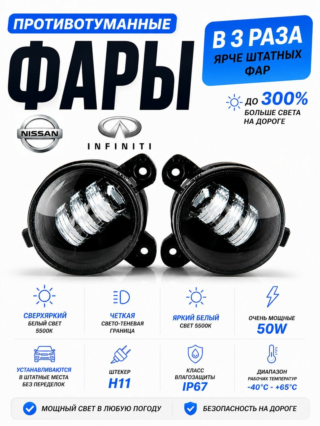 Противотуманные LED фары для Nissan X-Trail 2014-2016 на Ниссан Икстрейл 50W / светодиодные ПТФ 50 Ват
