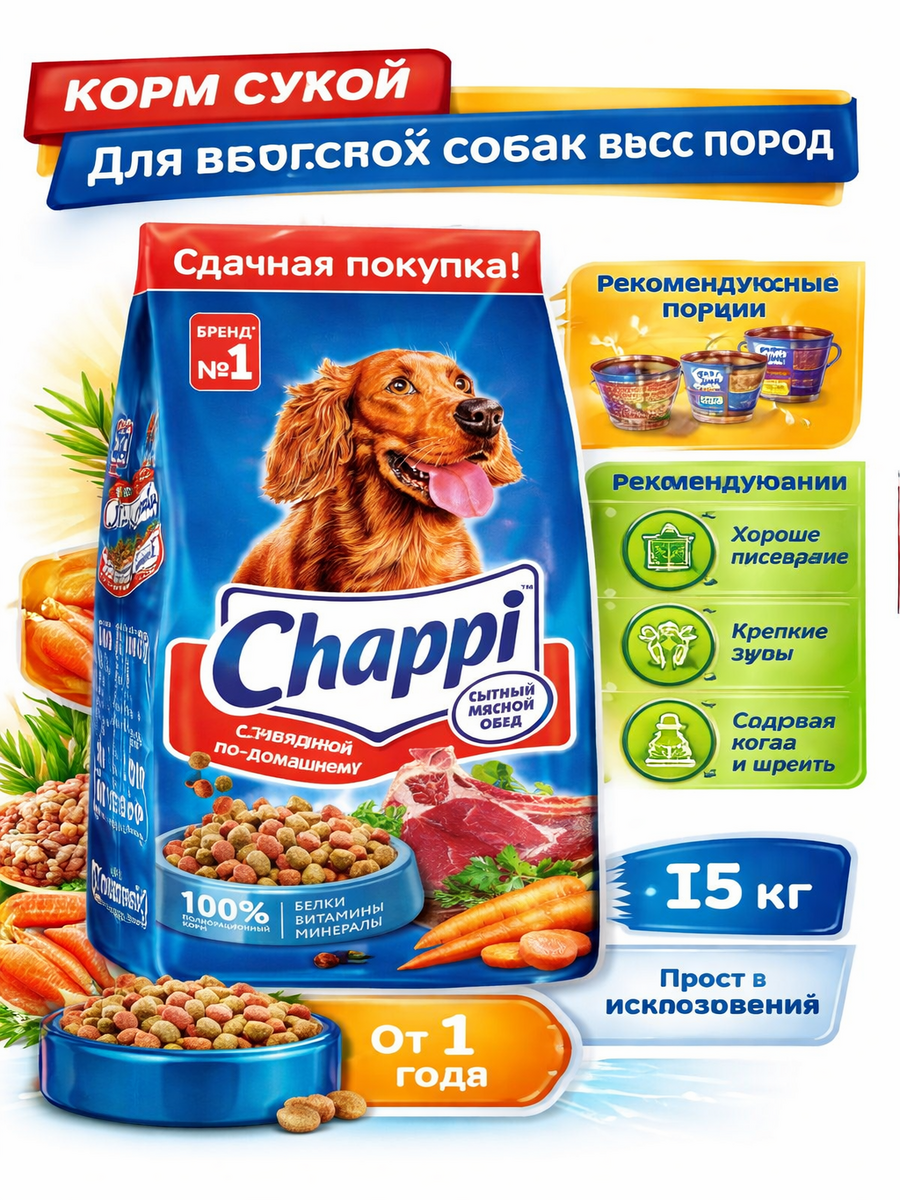 Корм сухой Chappi Сытный мясной обед для взрослых собак всех пород с говядиной по-домашнему, 15кг