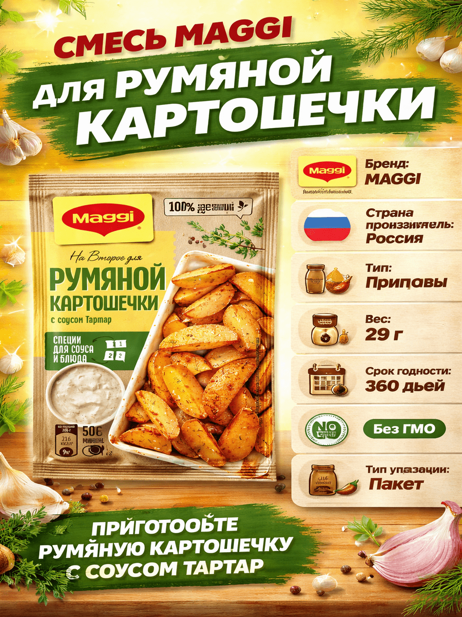 Смесь Maggi На второе для приготовления румяной картошечки по-деревенски с соусом тартар, 29г
