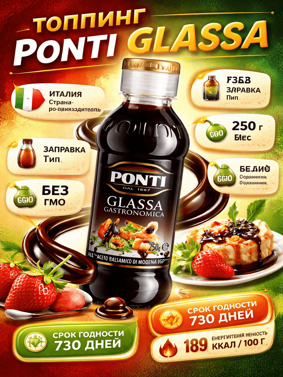Топпинг Ponti Glassa на основе бальзамического уксуса из Модены, 250г