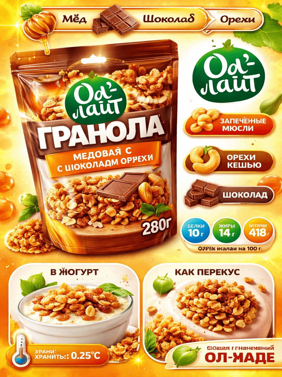 Гранола-мюсли Ол`лайт Медовая с шоколадом и орехами, 280г