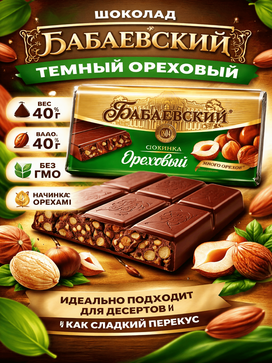Шоколад Бабаевский темный ореховый, 40г