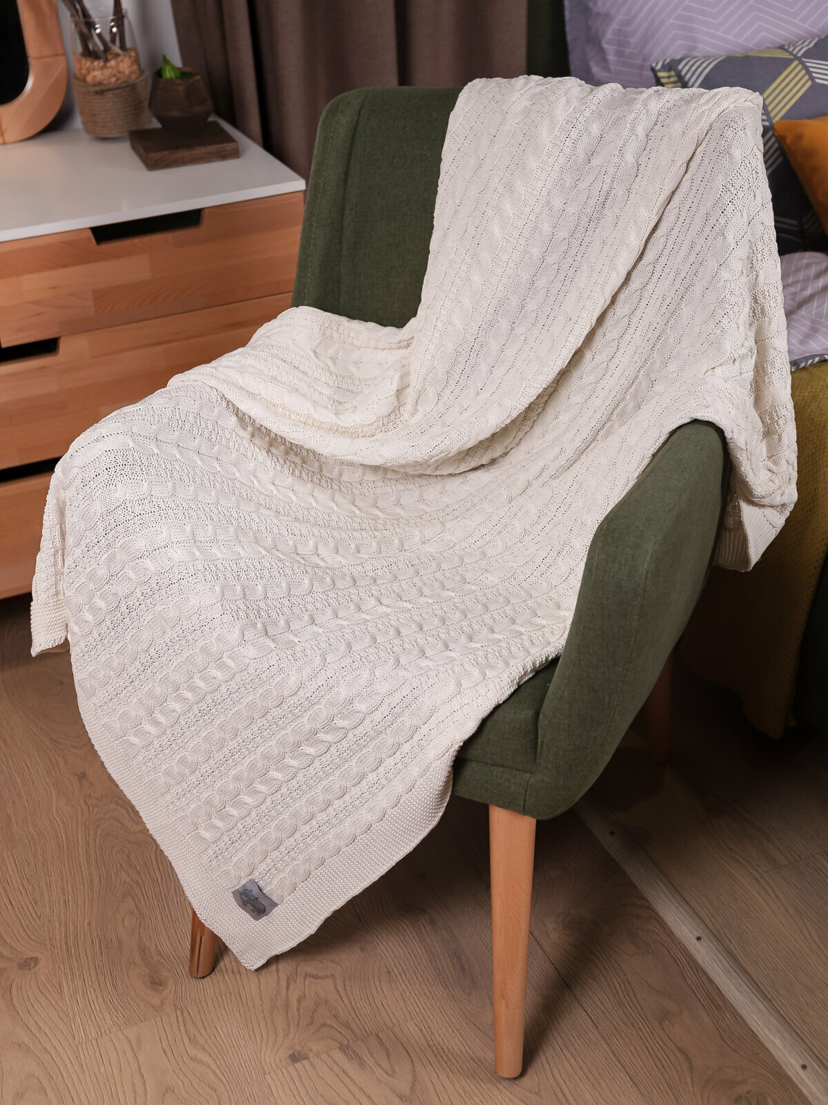 Плед 160х220, вязаный, Warm Whiff, хлопок 100%, покрывало на кровать, на диван, на кресло, в подарочной сумке