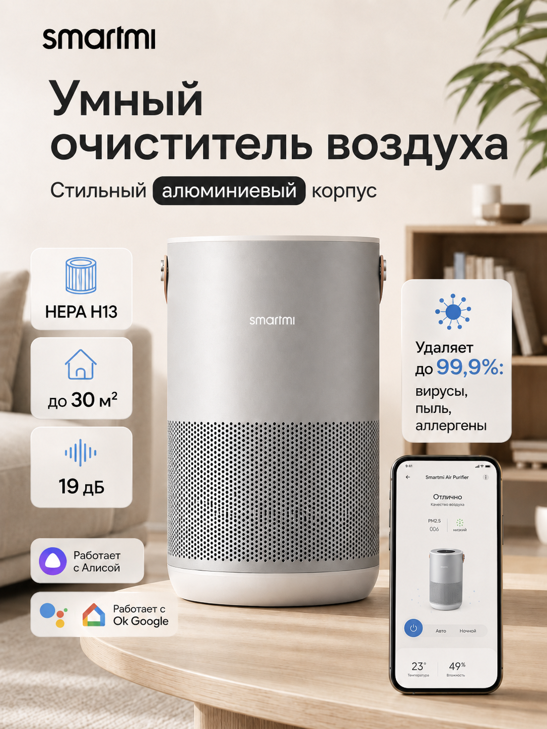 Очиститель воздуха Smartmi Air Purifier P1, с Алисой, HEPA, светло-серый