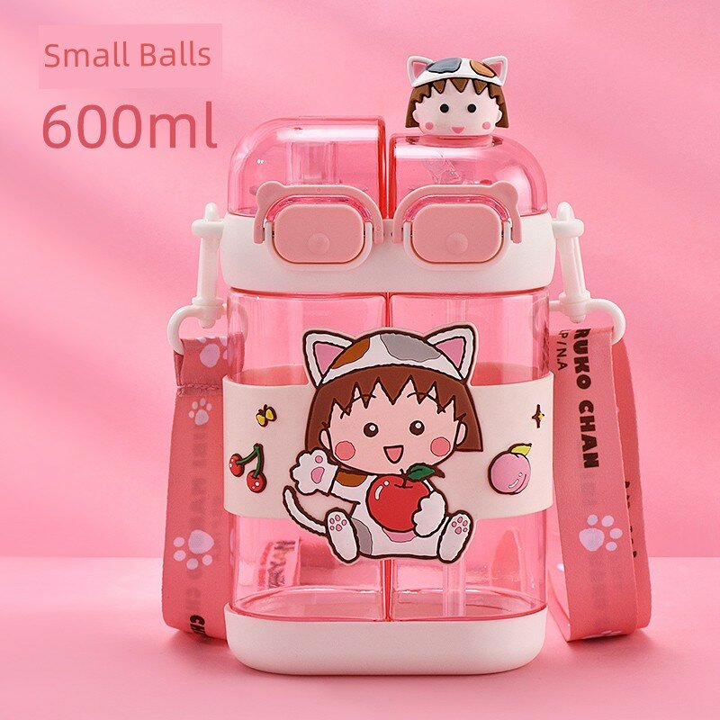 Розовая детская бутылка Crayon Shin-chan с двойным носиком и соломинкой, 600 мл, пластик Tritan для школы