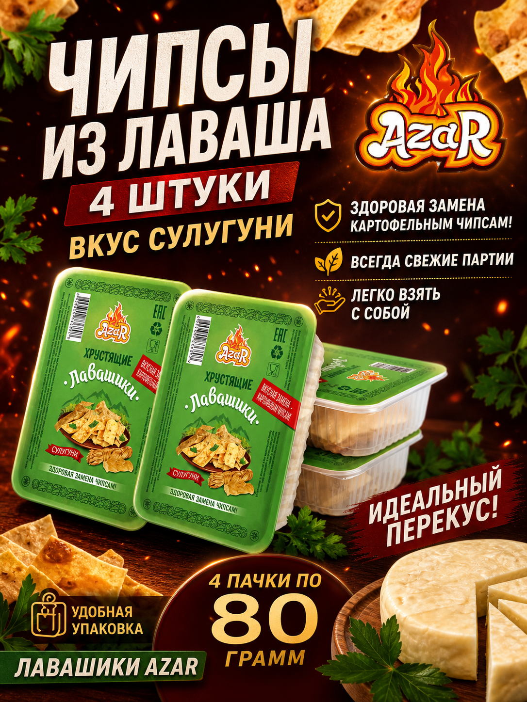 Хрустящие лавашики Сулугуни, чипсы из лаваша "AzaR" 4 шт по 80г.