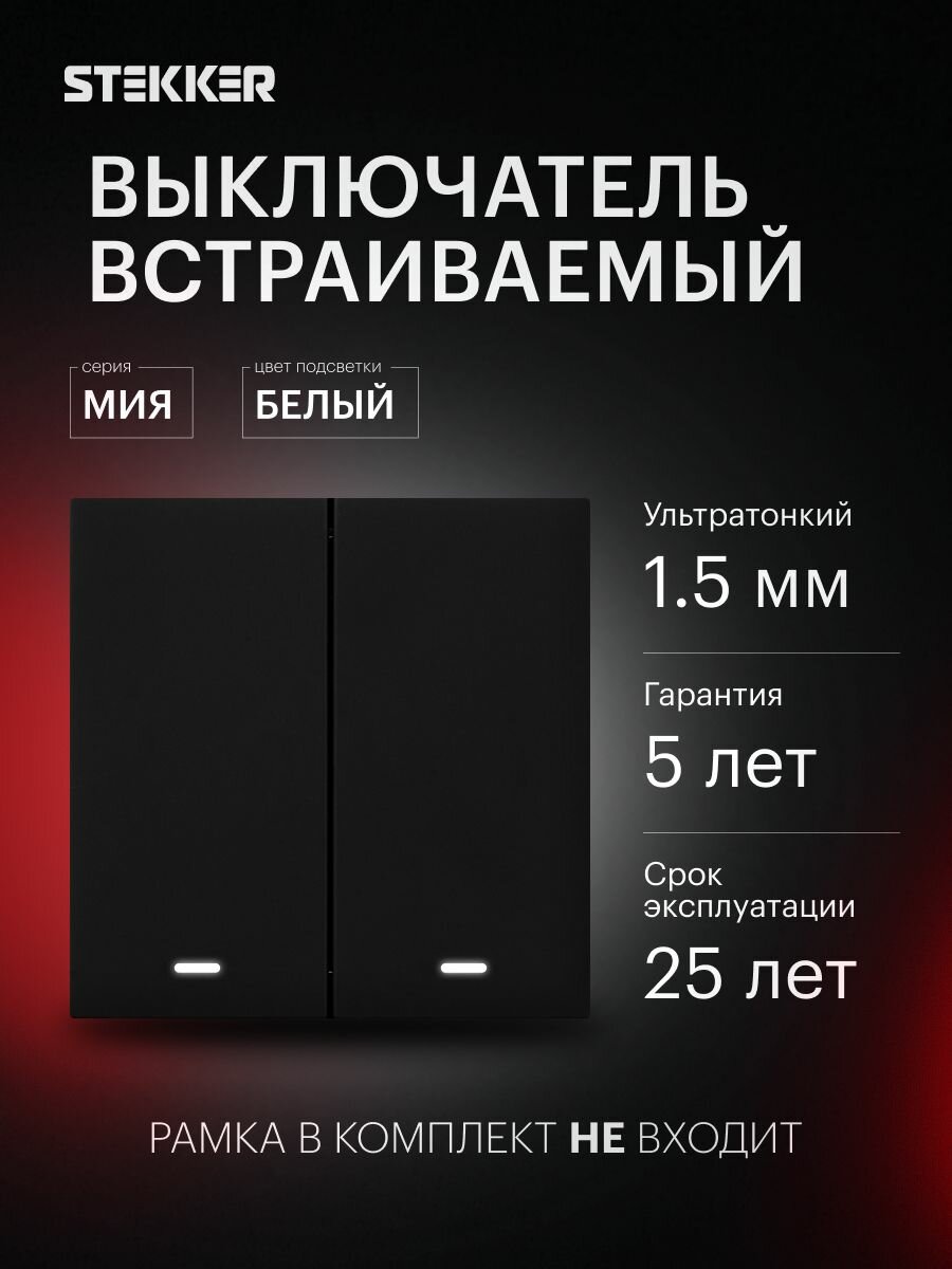 Выключатель двухклавишный с подсветкой, 10А 250В, механизм, черный бархат, Stekker RSW10-3102-05 Мия 50446