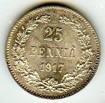 Российская Империя. Финляндия 1917. 25 пенни. S. Орел без корон. Ag 750. AU