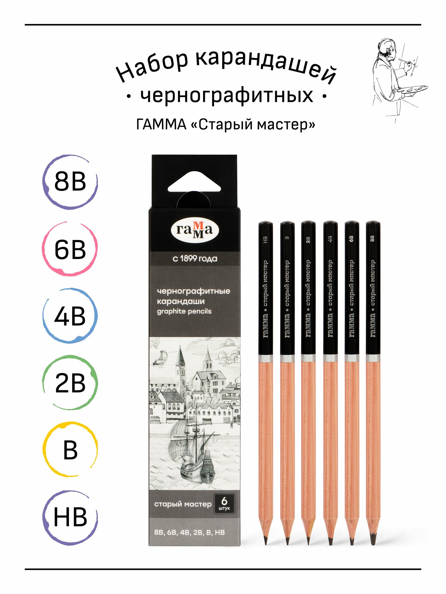 Набор карандашей школьных простых ч/г Гамма 6 шт, HB, B, 2B, 4B, 6B, 8B