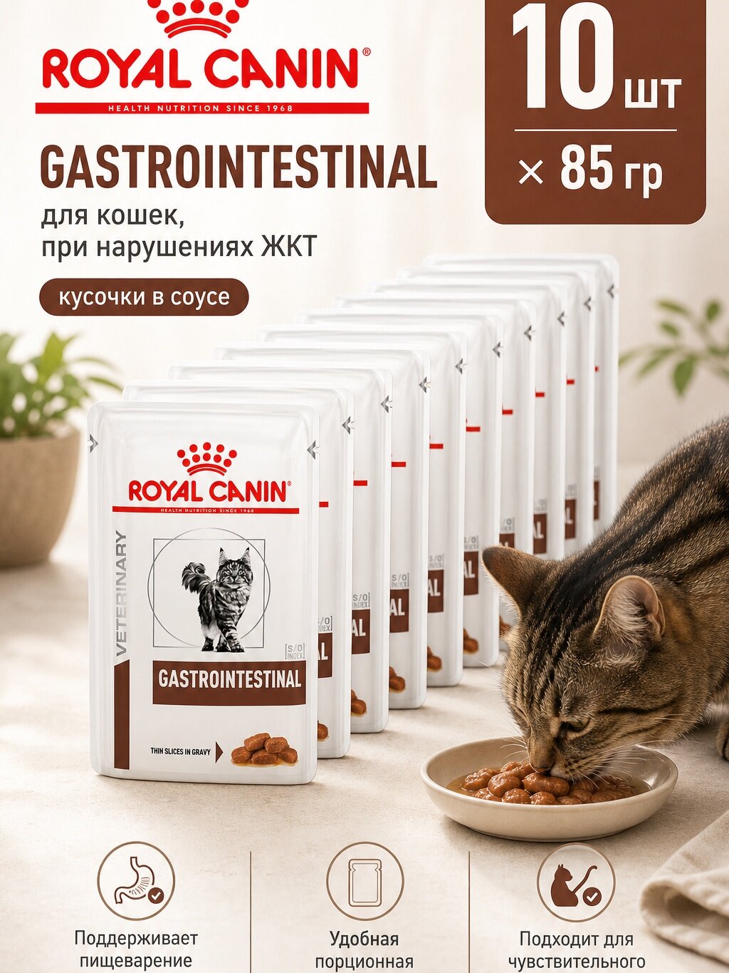 Влажный корм Royal Canin "Gastrointestinal", для кошек, кусочки в соусе, при нарушениях ЖКТ, 10 шт по 85г, 1 уп