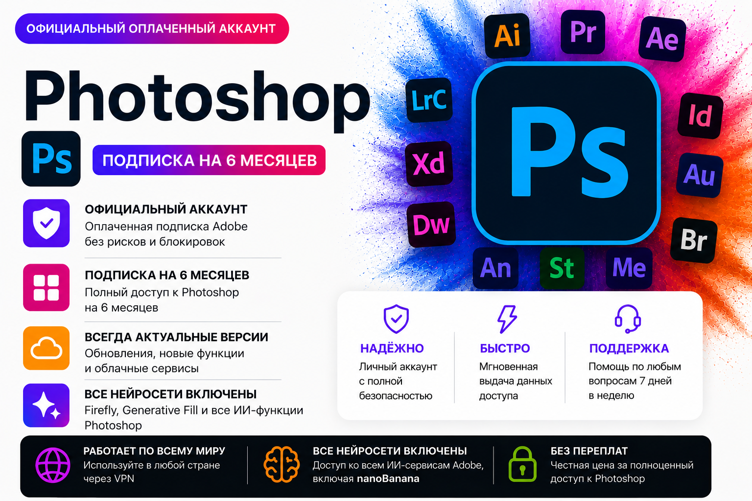 Adobe Photoshop готовый оплаченный аккаунт с подпиской на 6 месяцев, нейросети Nano Banana и др, 4к кредитов
