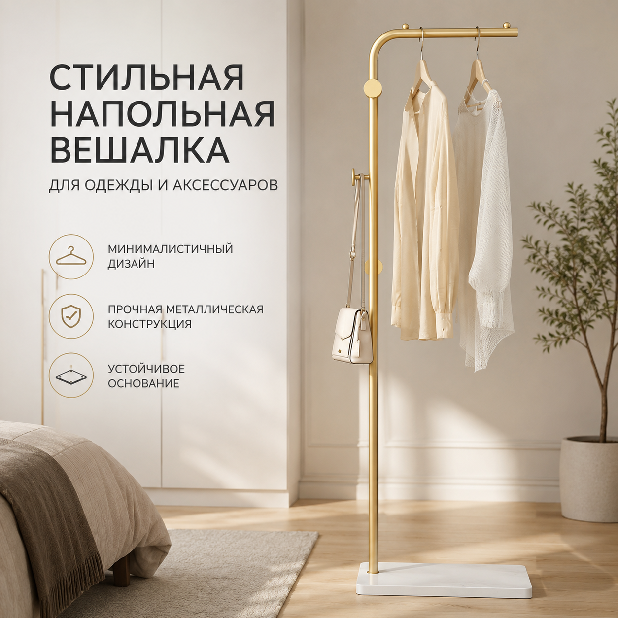 Вешалка-рейл, напольная, металл, белая, золотистая, длина 45 см