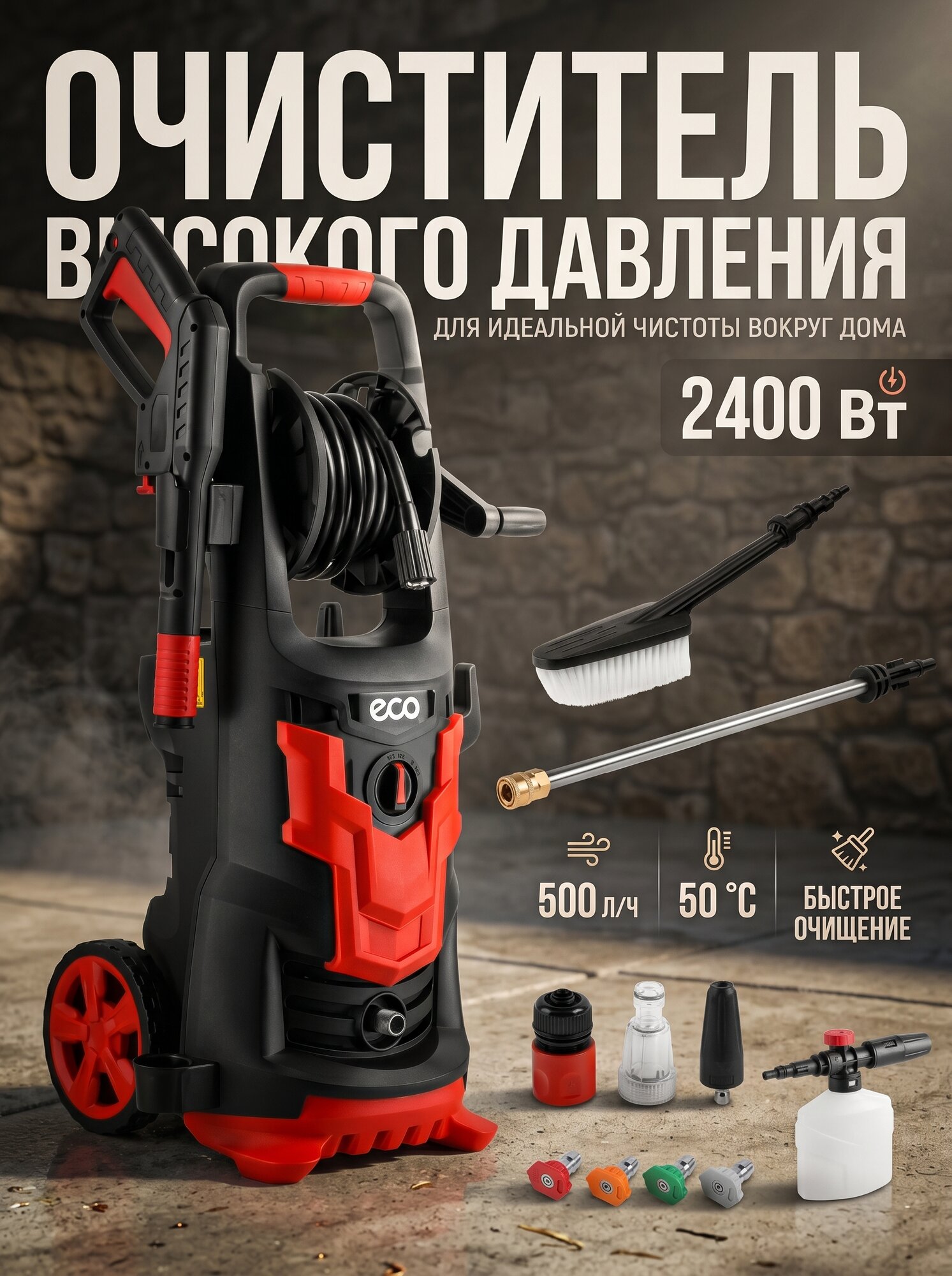 Мойка высокого давления для автомобиля и дома электрическая ECO HPW-1724RSi, с функцией самовсасывания (EC4910-3)