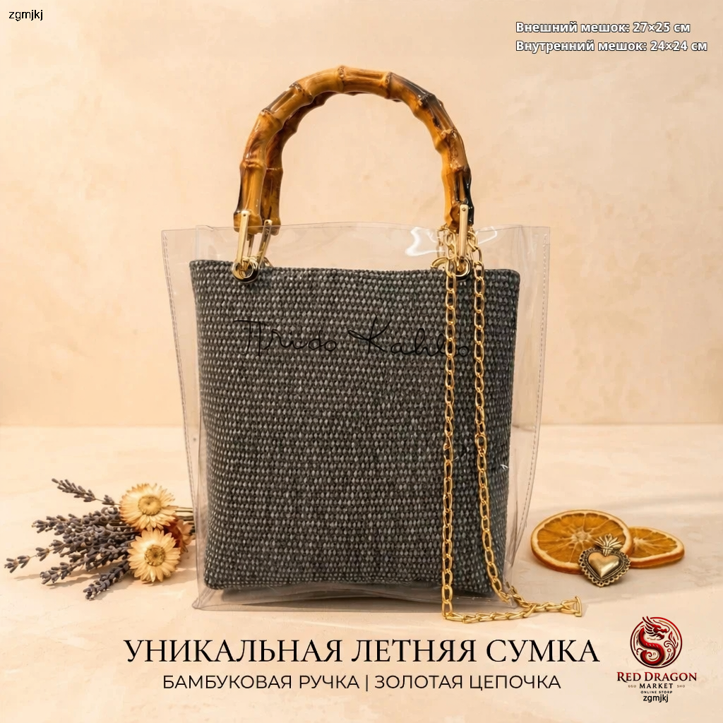 Прозрачная сумка-шопер из ПВХ с плетёным внутренним мешком, бамбуковой ручкой и цепочкой - Чёрный