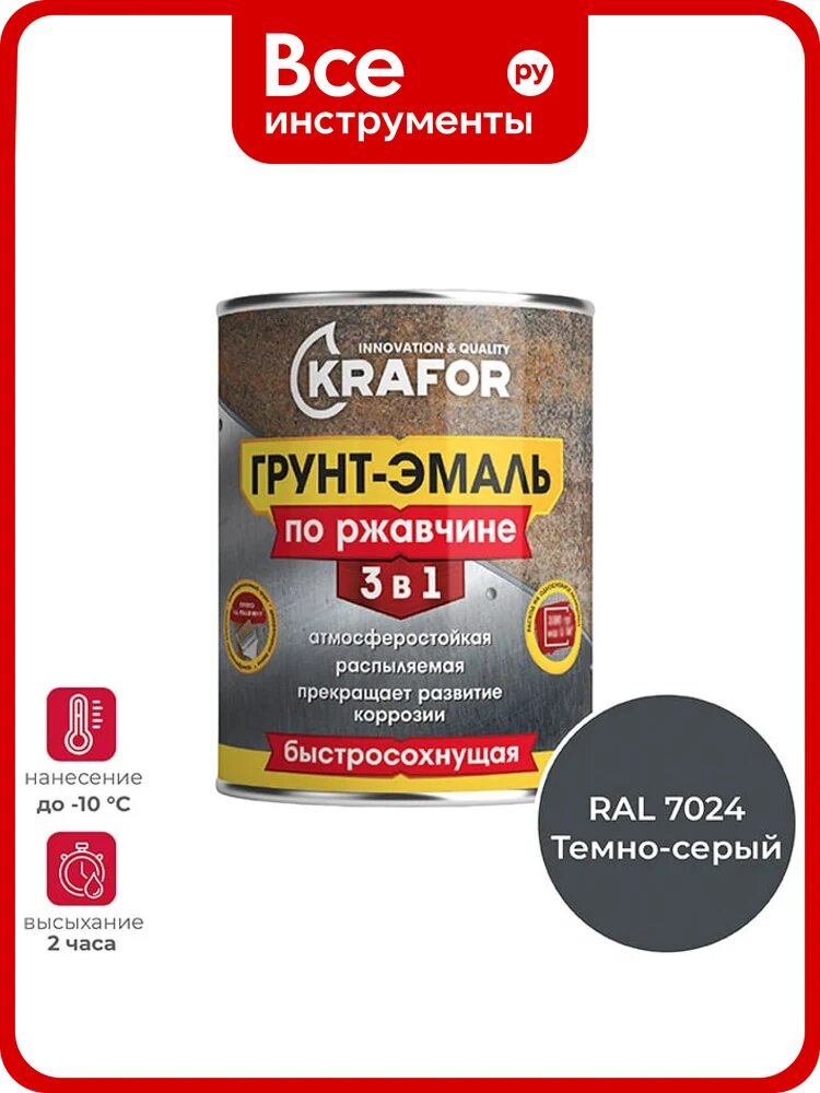 Грунт-эмаль по ржавчине 3 в 1 KRAFOR быстросохнущая, полуглянцевая, 1.9 кг, ral 7024, темно-серая 250227