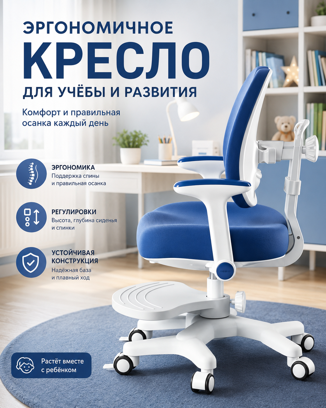 Регулируемое подъемное сиденье, для коррекции сидячей позы учащихся начальной школы, вращающееся, синего цвета