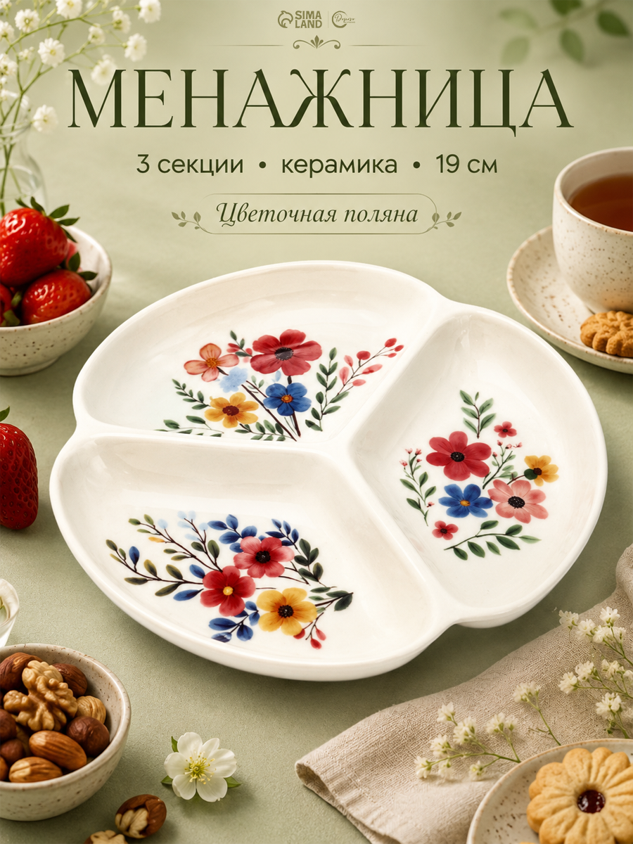 Менажница Дорого внимание «Цветочная поляна», керамика, 19см, 3ячейки