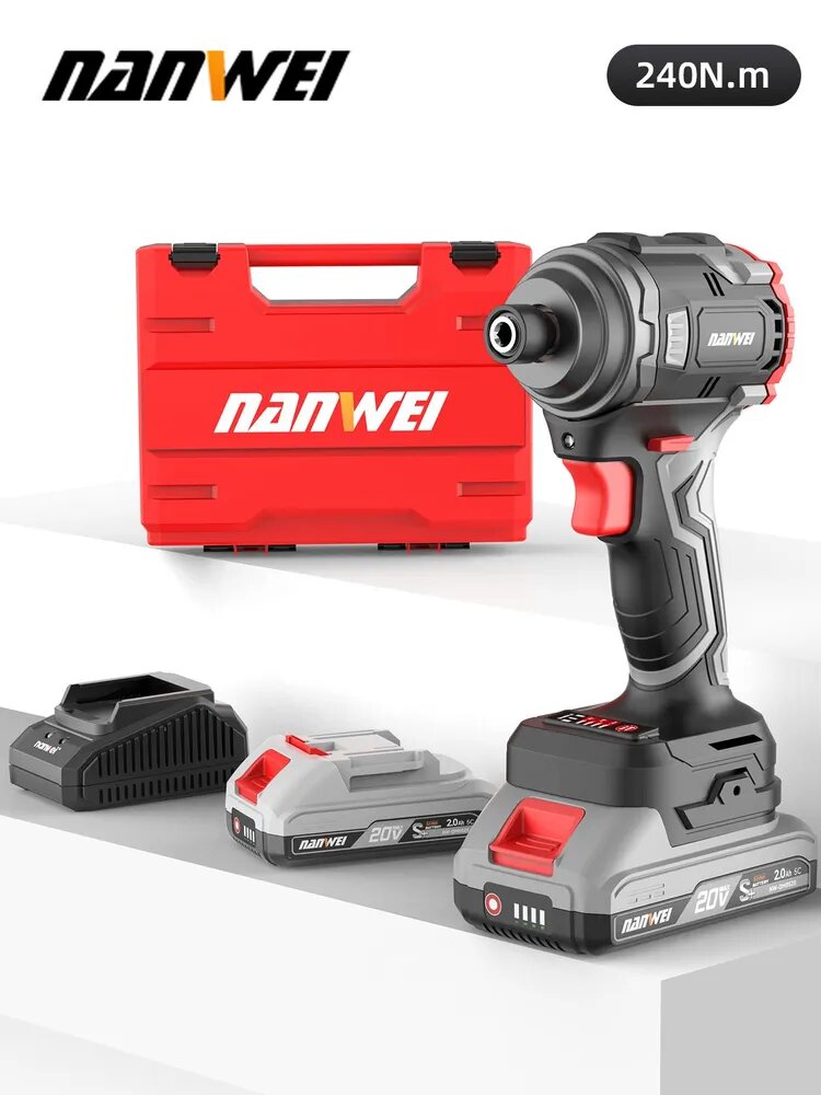 NANWEI S5240 Бесщеточный 240 Нм Электрическая отвертка, С ударным режимом,4 скорости, максимум 3000 об/мин(2,0 Ач батареи x2)